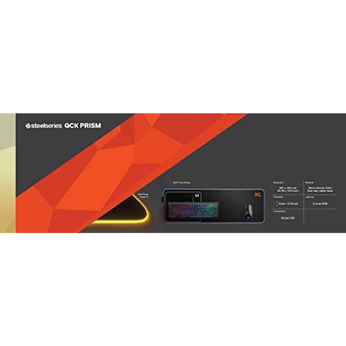 SteelSeries Gaming Mouse Pad 2 Zone RGB Illumination 9cm x 30cm x 0.4cm QcK Prism Cloth XL Black