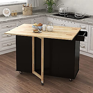 LKTART Kitchen Island Extensible Solid Wood Table Top with Spice Rack Towel Rack Movable on Wheels Kitchen Island for Kitchen(Black)