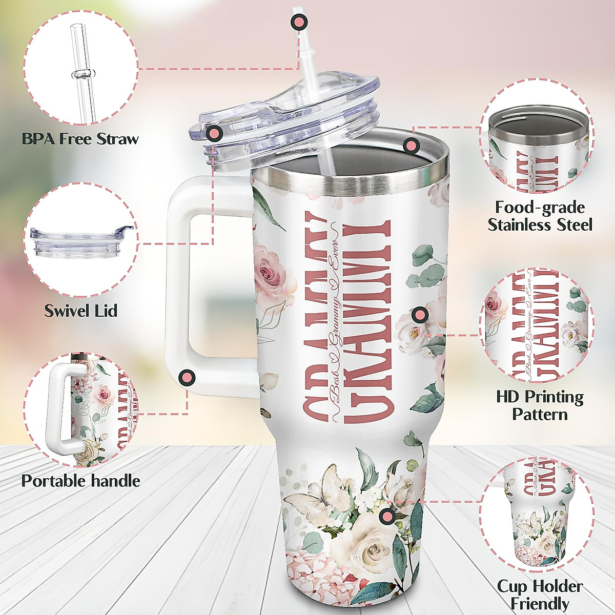 qoepfnsh Gifts for Grammy Grandmother Gift from Grandson Granddaughter on Birthday Mothers Day&Christmas 40 oz Tumblers with Handle and Straw Stainless Steel Insulated Travel Coffee Cup Mug