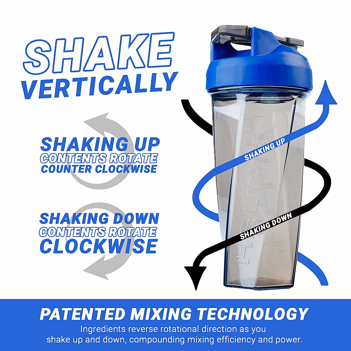 Helimix 2.0 Vortex Blender Shaker Bottle 28oz | No Blending Ball or Whisk | USA Made | Portable Pre Workout Whey Protein Drink Shaker Cup | Mixes Cocktails Smoothies Shakes | Dishwasher Safe (28 oz, Blue)