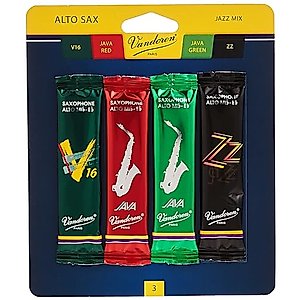 Vandoren SRMIXA3 Alto Sax Jazz Reed Mix Card includes 1 each ZZ, V16, JAVA and JAVA Red Strength 3