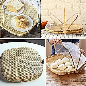 Food Bamboo Food Serving Tent Basket Hand-Woven Basket Serving Dustproof Picnic Basket Vegetable Fruits Bread Food Home Square Food Storage Basket with Mesh Gauze Cover Container