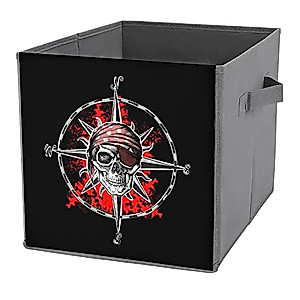 Compass Pirate Skull Foldable Storage Bins Printd Fabric Cube Baskets Boxes with Handles for Clothes Toys, 11x11x11