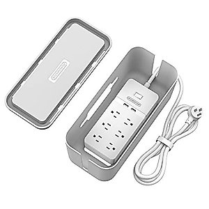 Surge Protector Power Strip with Cable Management Box, 6 Outlets and 2 USB Ports with Switch Control, Flat Plug, 5ft Heavy-Duty Extension Cord, Cord Organizer Box for Home and Office - White