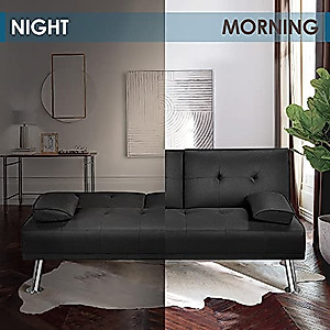 Yaheetech Linen Fabric Modern Sofa Bed Futon Couch Bed Folding Recliner Sleeper Reversible Loveseat Convertible Daybed, 2 Cup Holders, 3 Angles, 772lb Capacity, Removable Armrests, Black