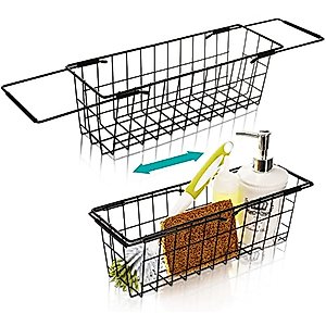 Yesland 2 Pack Over The Kitchen Sink Caddy Sponge Holder - Expandable from 13.25 to 20.75 Inch, Stainless Steel Telescopic Sink Storage Rack Basket for Kitchen Sink Bathroom Laundry Room Black