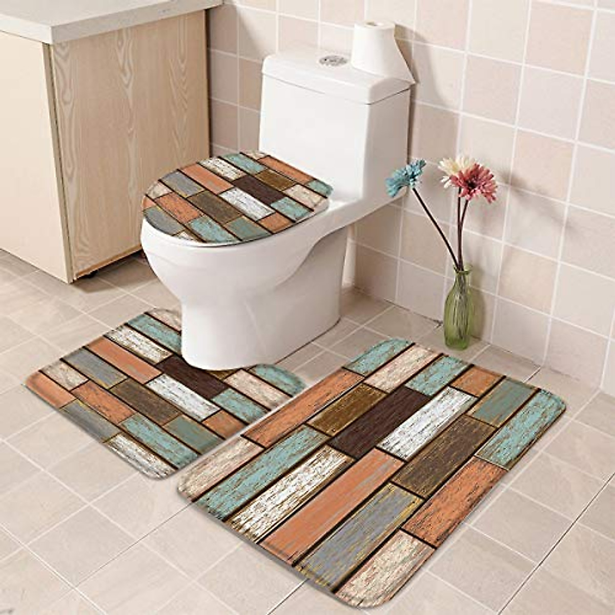 3 Piece Bath Rugs Sets Retro Wood Grain Non Slip Bathroom Carpet Multicolor Old Board Absorbent U-Shaped Toilet Mat, Toilet Lid Cover