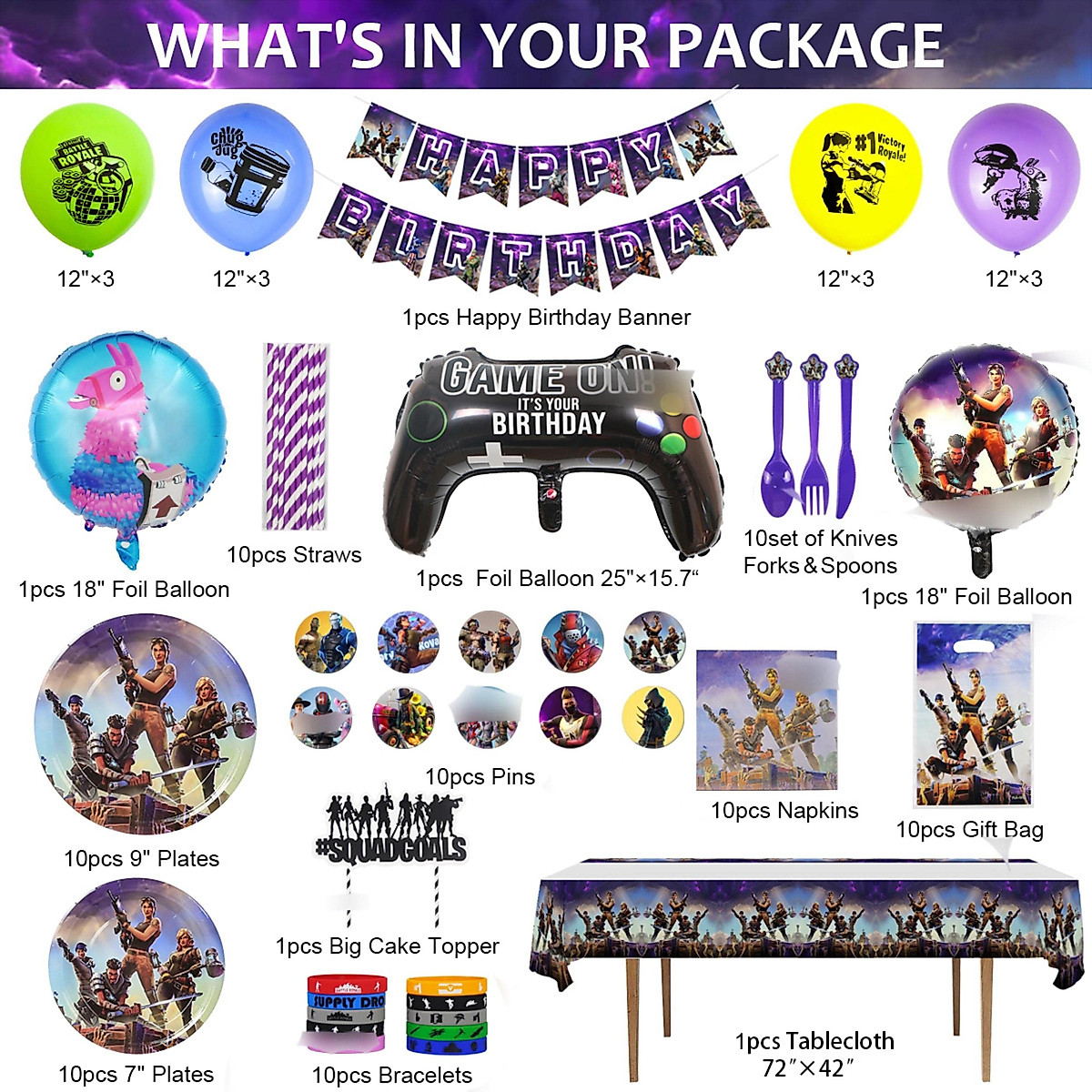 Gamer Birthday Decorations for boys 142 pcs Video Game Party Supplies - include Balloons, Party Favors Bags, Flatware, Spoons, Plates, Cups, Table Cover, Cake Topper, Bracelets, Button Pins, Banner