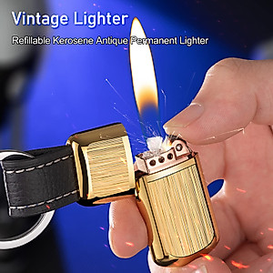 Kerosene Lighter, Mini Vintage Lighter Refillable Kerosene Antique Permanent Lighter with Keychain, Reusable Cool Lighters for Vintage Soft Flame Lighter for Men Dad Husband(Fuel Not Included)-Gold