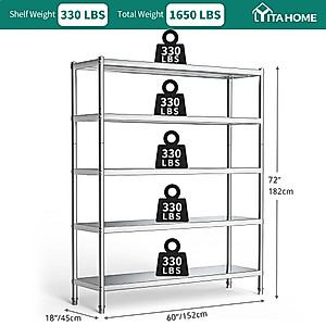 YITAHOME NSF Stainless Steel Shelves, 60"*18"*72" 5 Tier Storage Shelf, Heavy Duty Shelving for Kitchen Garage Office Restaurant Warehouse, 201 Bright Silver