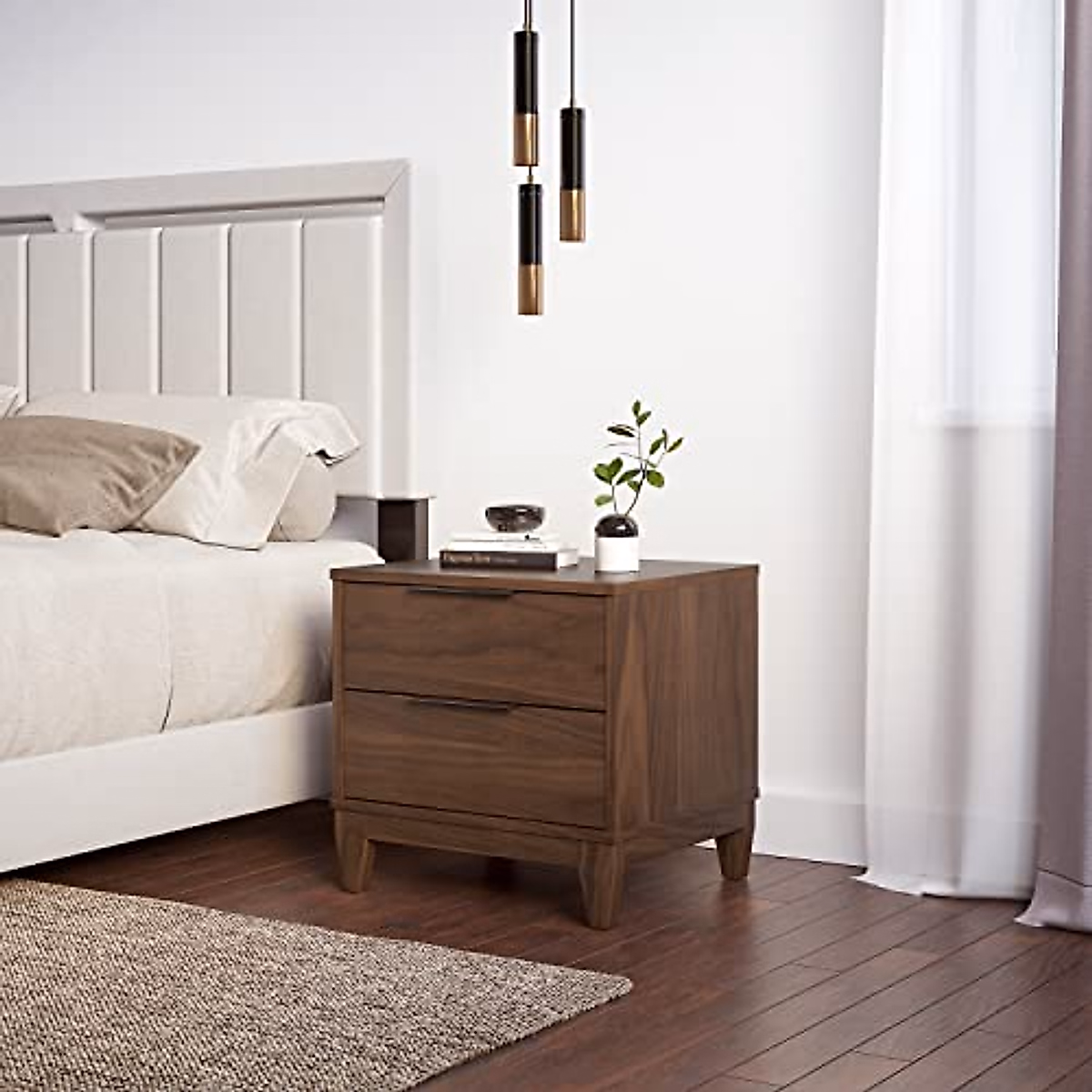 Boyd Sleep Bedroom Nightstand Bedside Table: Mackay Two Drawer Storage with Leg Base, Walnut
