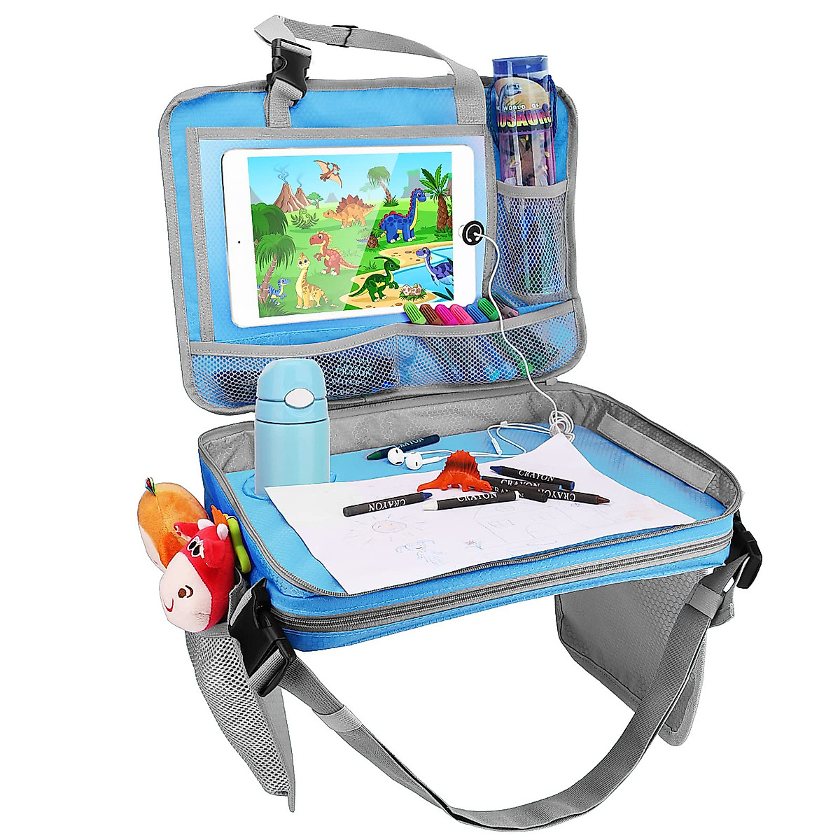 Zooawa Kids Travel Tray Car Seat Trays, Detachable 4 in 1 Toy Storage Organizers Bag iPad Kindle & Other Tablets Holder for Toddlers -Blue