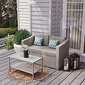 COSIEST 2-Piece Patio Furniture Set, All-Weather Outdoor Wicker Loveseat Conversation Set w Warm Gray Cushions, Glass Coffee Table, 2 Teal Pattern Pillows for Deck, Backyard, Pool