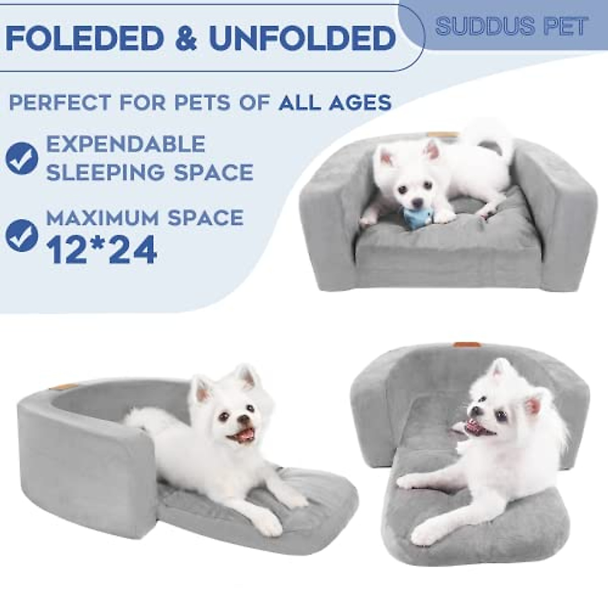 suddus Dog Beds for Small Dogs, Bolster Sofa Dog Bed with High Density Foam, Washable Dog Bed with Removable Cover and Non-Slip Bottom, Grey