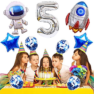 Kawailay Astronaut Rocket 5th Birthday Party Balloons Jumbo Spaceman Birthday Balloons Outer Space Theme Foil Balloons 32 Inch Silver Number 5 Helium Balloon for Birthday Party