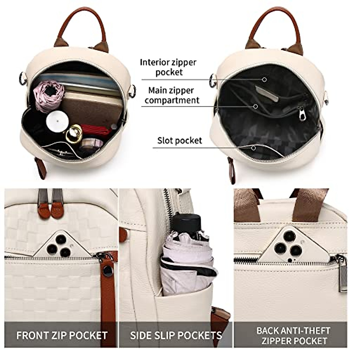 Wesccimo Genuine Leather Backpack Purse For Women Beige Real Soft Leather Large Rucksack Convertible Shoulder Bag Beige