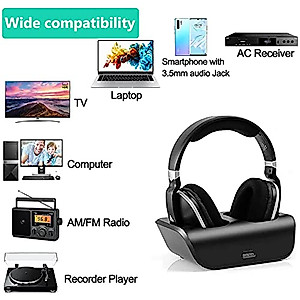 MONODEAL Wireless TV Headphones, Over Ear Headsets for TV Watching with Charging Dock, 2.4GHz RF Transmitter, 100ft Wireless Range and Rechargeable 20 Hour Battery, Black