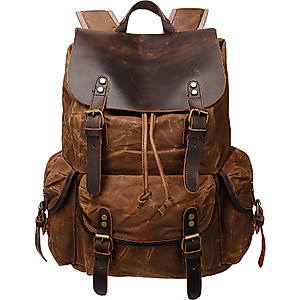 HuaChen Rugged Leather and Waxed Canvas Backpack for Men, Shoulder Rucksack for Travel Laptop School Hiking (M80_Brown)