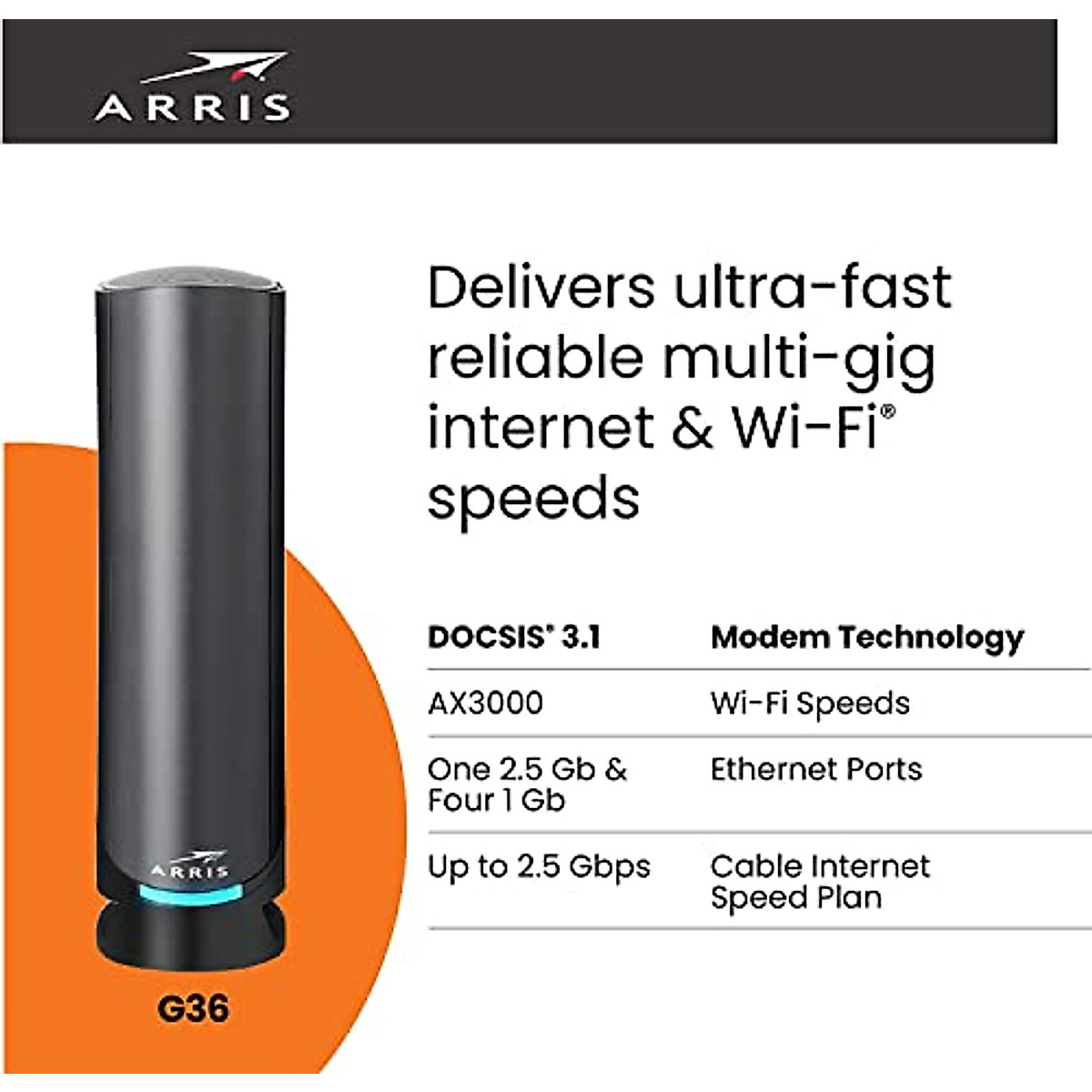 ARRIS Surfboard G36-RB DOCSIS 3.1 Multi-Gigabit Cable Modem & AX3000 Wi-Fi Router - Certified Refurbished