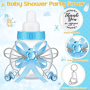 Suttmin 78 Pcs Baby Bottle Party Favors for Baby Shower 24 Mini Candy Bottles 24 Baby Footprint Bottle Openers 24 Thank Tags 6 Rose Flower for Boy Girl Baby Shower Party Decor(Blue, Silver)
