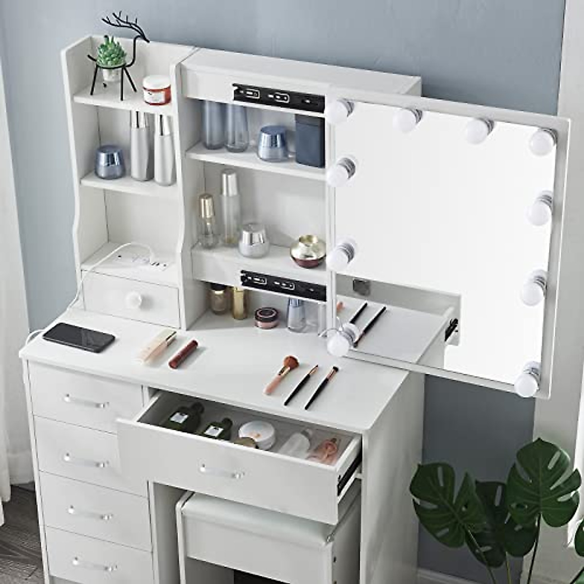 Vanity Desk, Makeup Vanity with Mirror and 10 LED Lights, Makeup Dressing Table with 6 Drawers and Chair, Vanity Table with 3 Lighting Modes for Bedroom