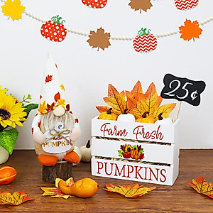 Fall Decorations for Home Indoor, Fall Thanksgiving Table Decor - Wooden Crate with 1 Fall Gnome Plush, 4 Mini Foam Pumpkins & 6 Fall Leaves, Farmhouse Fall Kitchen Tiered Tray Decor Mantle Shelf Desk
