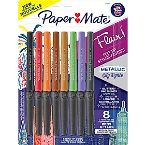 Paper Mate Flair Pens, Metallic Felt Tip Pens, City Lights, Glittery Ink Shines on White Paper, Assorted Colors, 8 Count