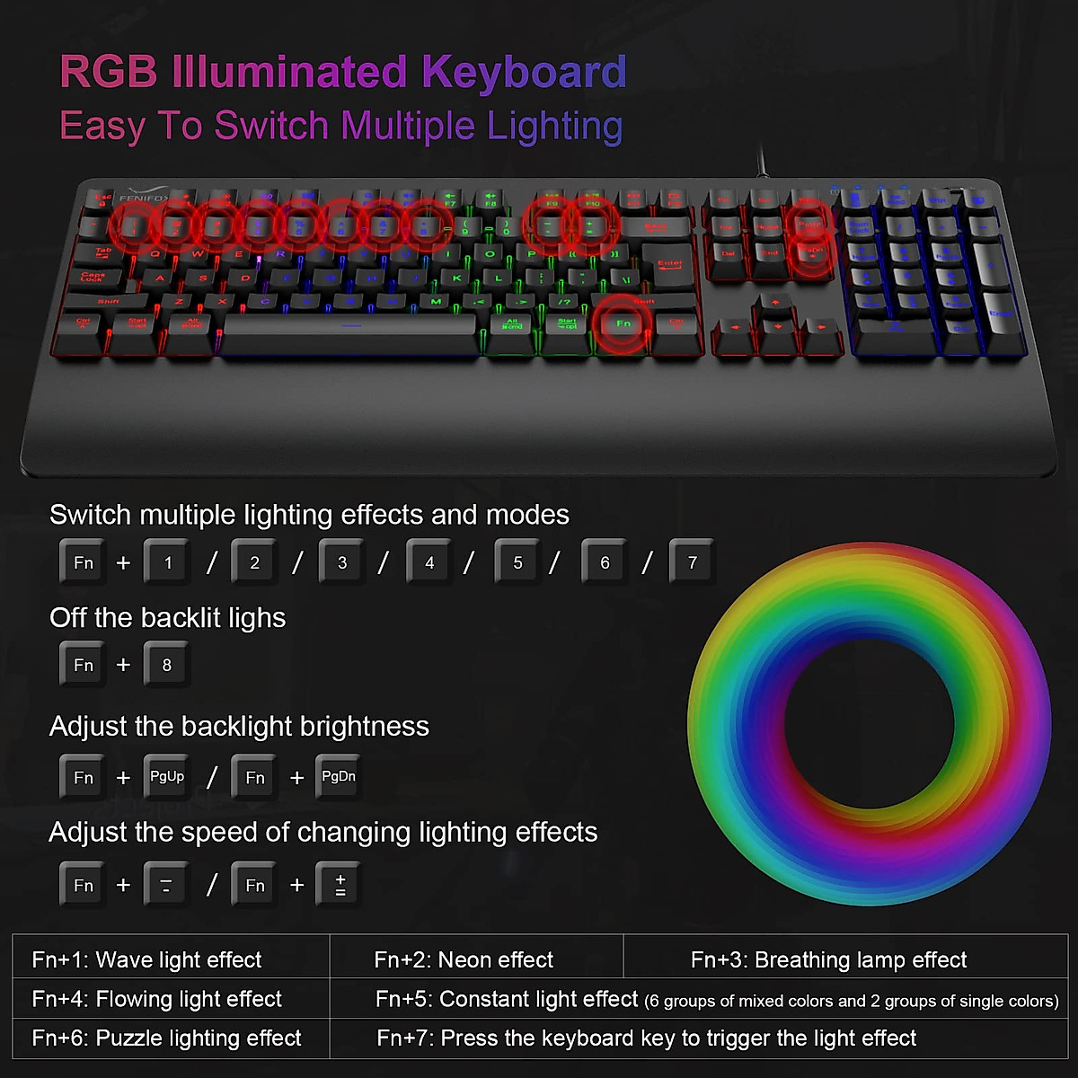 Gaming Keyboard and Mouse - FENIFOX Wired RGB Backlit Keyboard Ergonomic Mechanical Feeling Colorful Led Light Up Keyboard Mouse for PC Windows Mac Gamer PS5 Xbox one