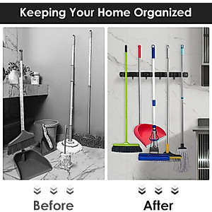 lazycozy® Broom Holder Wall Mount, Mop and Broom Organizer Wall Hanging, 5 Clamps and 4 Hooks + 2 Independent Clamps, Tool Storage Utility Rack for Home Kitchen Garden Laundry Garage