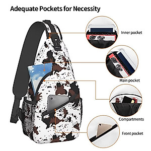 Cow Print Sling Bag Crossbody Backpack,Rustic Spotted Cow Fur Texture Black Brown Cowhide Chest Bag Adjustable Shoulder Backpack Western Farmhouse Animal Skin Travel Hiking Daypack For Men Women