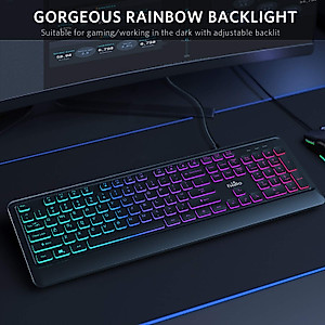 Fiodio Rainbow Membrane Gaming Keyboard, Quiet Wired Computer Keyboard, 104 Silent & 26 Anti-Ghosting Keys, Spill Resistant, Multimedia Control for PC and Desktop