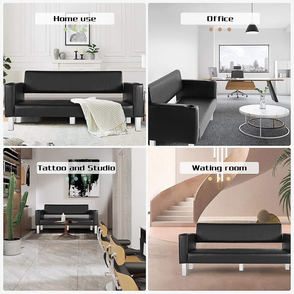 Artist hand Office Reception Chairs Waiting Room Bench Guest Chairs, Leather Bench 60.6'' Conference Room Chairs with 2 Cup Holder Office Couch Stainless Steel Base Chair