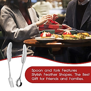 Teaspoons & Dessert Forks Set Feather Shape 18/10 Stainless Steel, Cute Silver Espresso Flatware Set for Dessert Coffee Ice Cream Pudding Condiment, 4pcs Tea Stirring Spoons & 4pcs Appetizer Forks