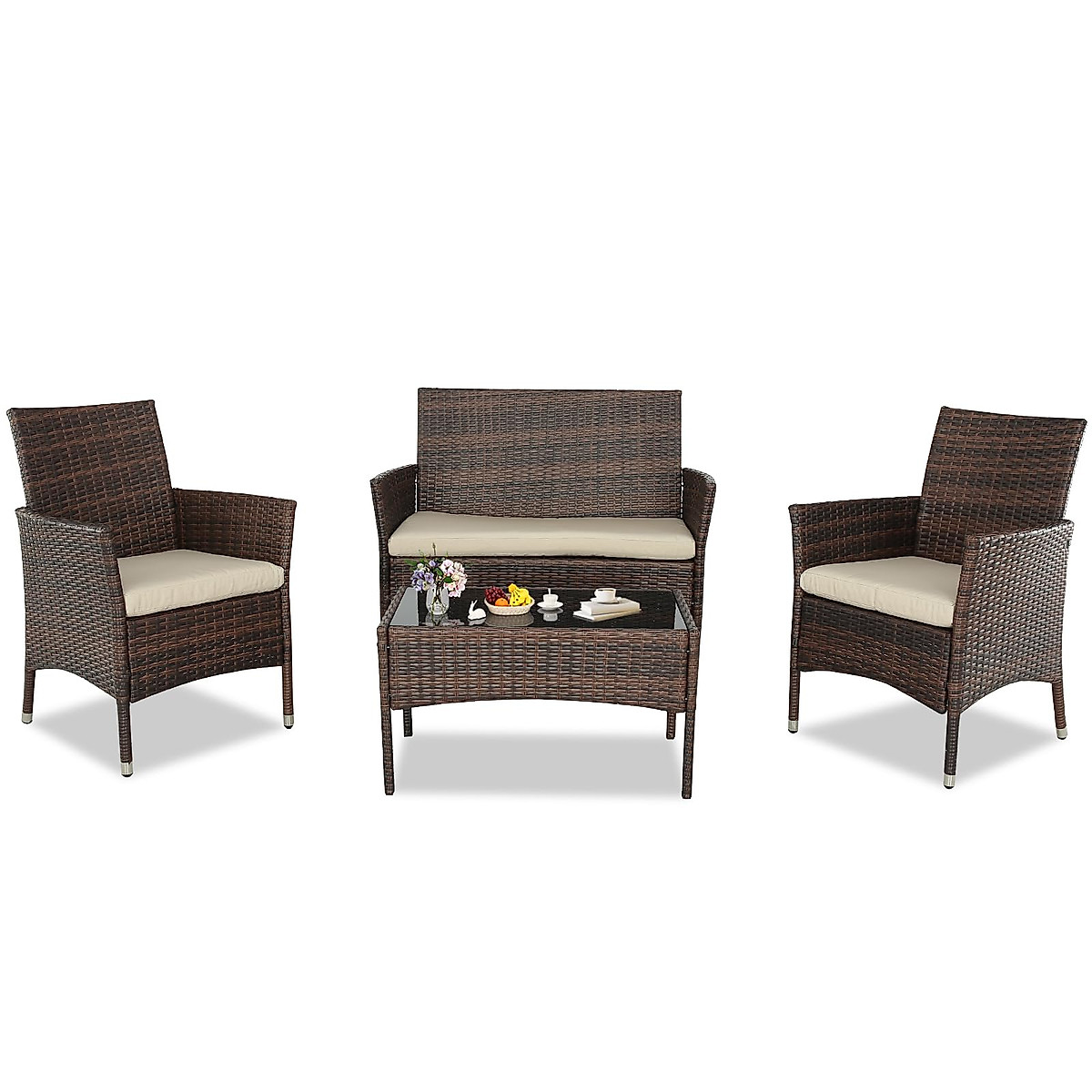HTTH 4-Piece Outdoor Patio Furniture Sets Wicker Sofa with Cushions and Coffee Table Garden Lawn Pool Backyard Outdoor Sofa Sets (Brown-Beige)