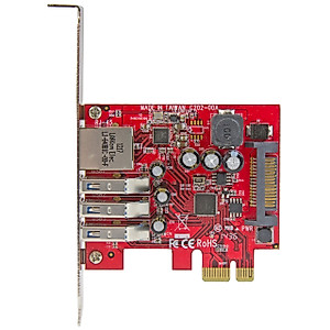 StarTech.com 3 Port PCI Express USB 3.0 Card + Gigabit Ethernet - Fits Standard & Low-Profile PCs - UASP Supported - 5Gbps - Optional SATA Power , TAA (PEXUSB3S3GE)