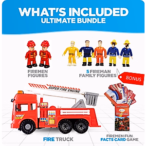 FUNERICA Large Fire Truck Toy with Lights and Sounds - Doors That Open - Big Folding Ladder - 7 Toy Figures and Firemen - Red Firetruck Engine for Toddlers and Kids