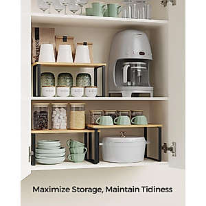 SONGMICS Cabinet Organizer Shelf, Set of 3 Kitchen Counter Shelves, Kitchen Storage, Spice Rack, Stackable, Expandable, Metal and Bamboo, Ink Black and Natural Beige UKCS014B01