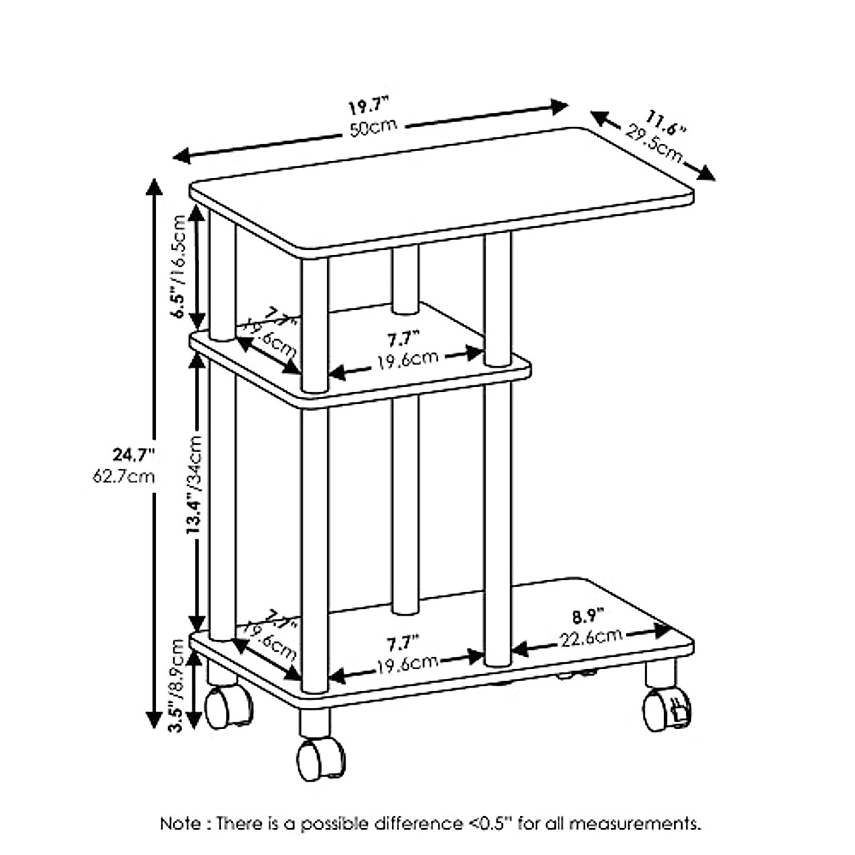 Furinno Turn-N-Tube U Shape Sofa Side Table with Casters, Espresso/Black