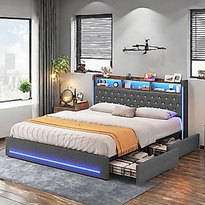 YITAHOME Queen Size Bed Frame w/4 Drawers, Upholstered Bed Frame with LED Lighting, Storage Bed Frame w/Device Charging Hub, Box Spring Not Required, Elegant Gray