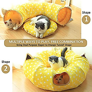 AUOON Cat Tunnel Bed with Central Mat,Big Tube Playground Toys,Soft Plush Material,Full Moon Shape for Kitten,Cat,Puppy,Rabbit,Ferret,Yellow