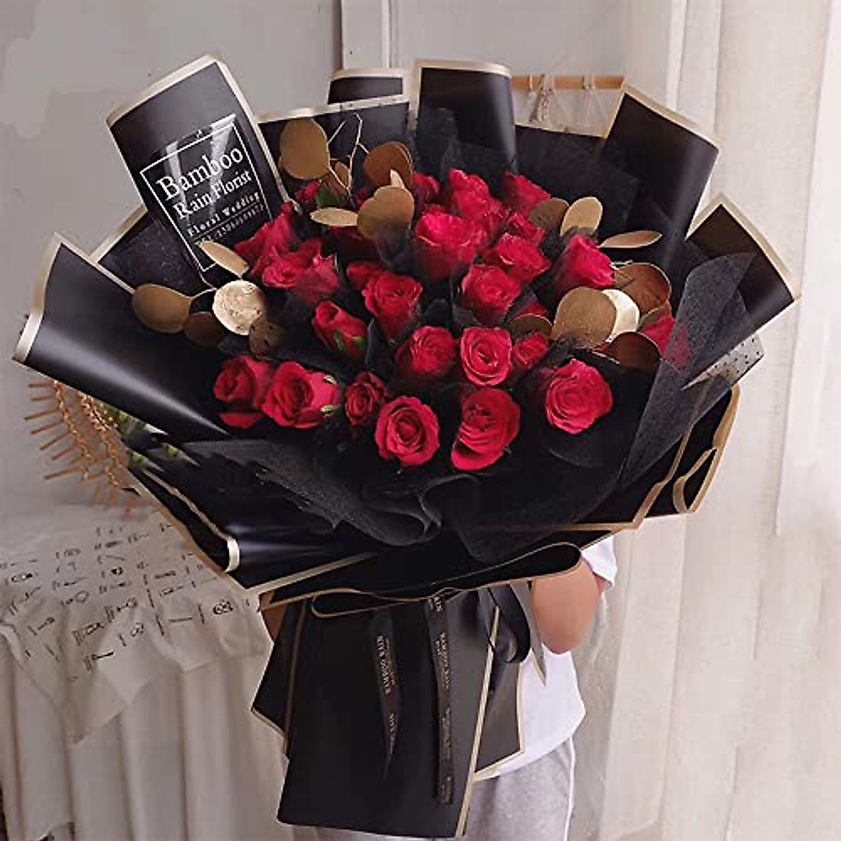 20 Sheets Flower Wrapping Papers Waterproof Gold Edge Wrappers Floral Bouquet Gift Package Paper Florist Packaging Supplies for Mother's Day Birthday Wedding Holiday Decoration