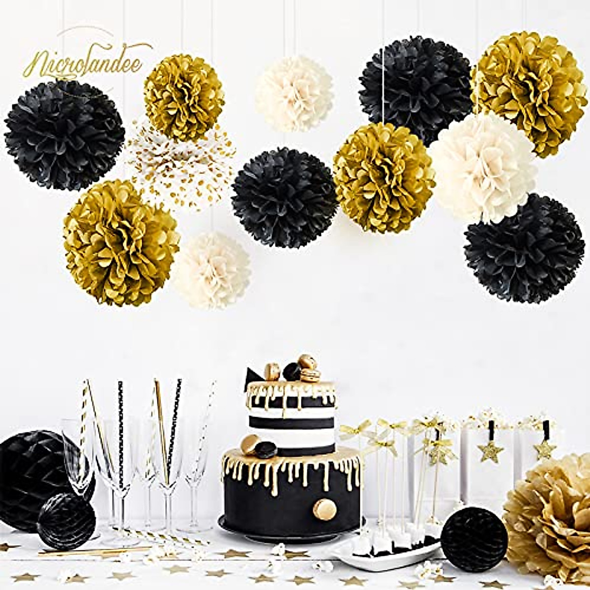 NICROLANDEE Black Gold Party Decorations - 12 PCS Black Gold White Tissue Paper Pom Poms for Wedding, Birthday, Bachelorette, Bridal Shower, Prom, Gruaduation, Festival Decorations