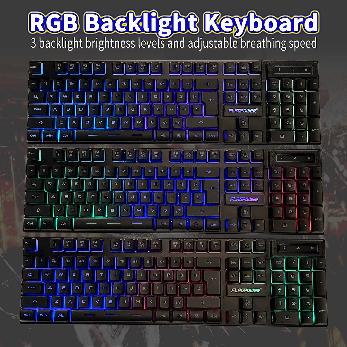 FLAGPOWER Gaming Keyboard and Mouse, Gaming Mouse Pad Combo, 3 Colors Changeable Backlit Mechanical Feeling Keyboard with 4 Colors Breathing LED Backlight Mouse for PC Laptop Computer Game and Work