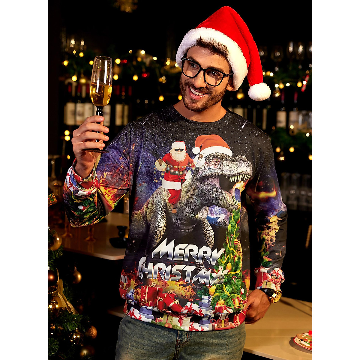 Arvilhill Christmas Mens Funny Holiday Xmas Santa Dinosaur Long Sleeve Sweater Ugly 3D Printed Party Sweatshirt M
