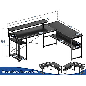 ODK Corner Computer Desk, 61" Reversible L Shaped Desk with Storage Shelves & Monitor Stand, Home Office Desk, Gaming Desk, Writing Desk, Black