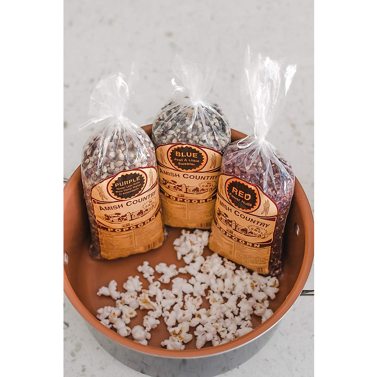 Amish Country Popcorn | 3-1 lb Bags | Purple, Red and Blue Popcorn Kernels | Old Fashioned, Non-GMO and Gluten Free (3-1 lb Bags)