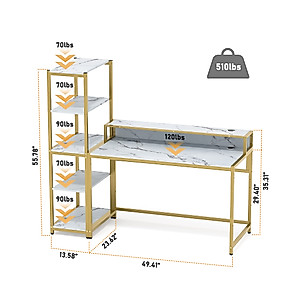Teraves Computer Desk with 5 Tier Shelves,Reversible Writing Desk with Storage 49 Inch Study Table for Home Office Independent Bookcase and Desk for Multiple Scenes (White Marbling+ Gold Frame)