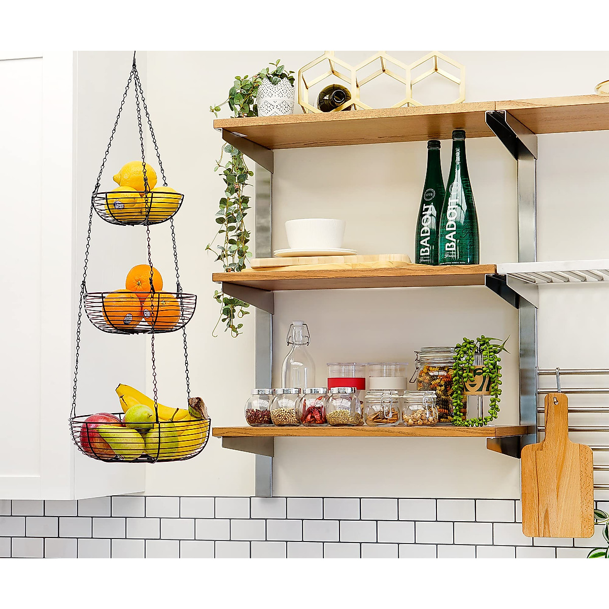 CAXXA 3-Tier Hanging Basket Fruit Organizer Kitchen Heavy Duty Wire Organizer with 2 Free Bonus Metal Ceiling Hooks, Black