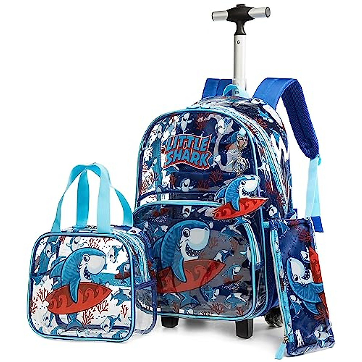 MOHCO Clear Rolling Backpack Kids Wheeled School Bookbag for Boys and Girls (Shark)