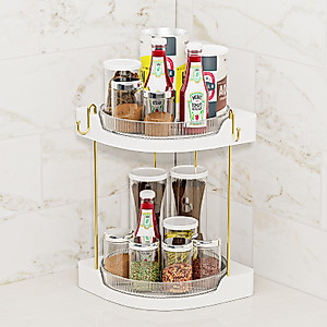 Asayuee 2-Tier Corner Bathroom Counter Organizer with Spinning Tray, Corner Skincare Organizers, Large Bathroom Countertop Organizer, Exquisite Vanity Organizer (Clear, 2-Tier)